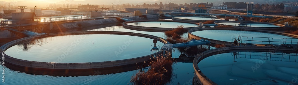 Aerial view of a modern wastewater treatment plant at sunrise ...
