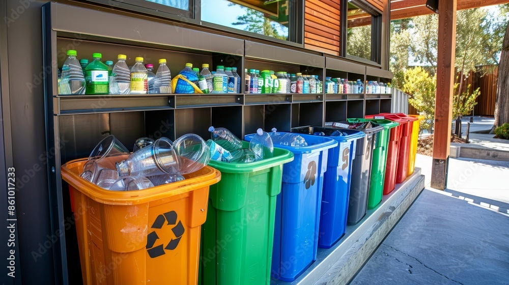Modern recycling station with distinct bins for plastic, glass, and ...