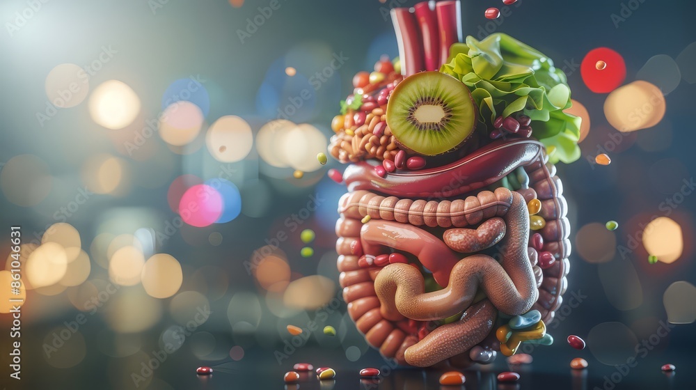 A 3D model of the digestive system with a path highlighting the food ...