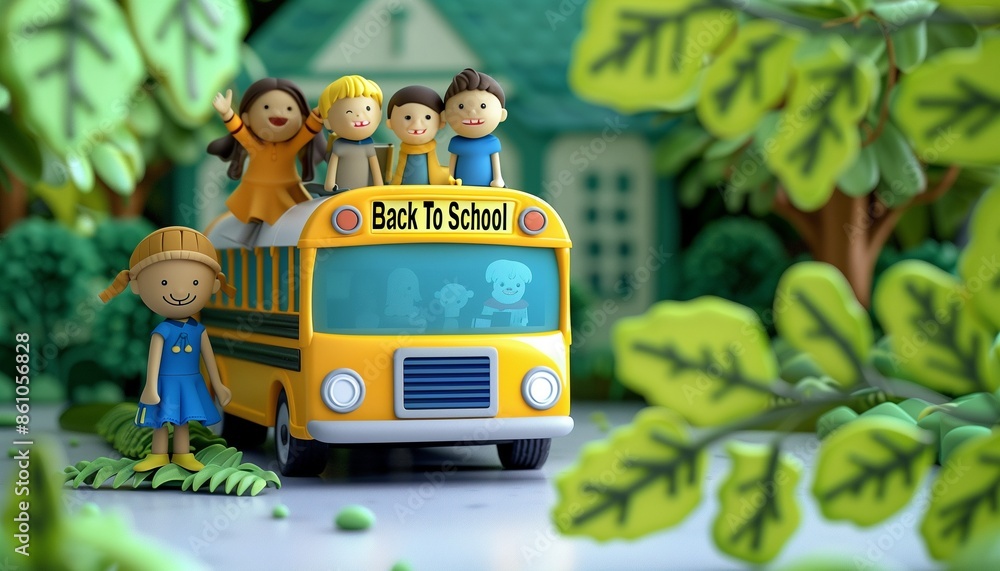 Vibrant 3D "Back To School" with a cartoon school bus and happy kids in ...