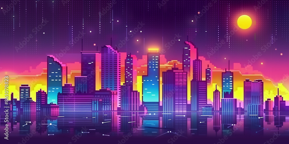 Pixel art retro wave. panorama of big city. wide banner. Space for text ...