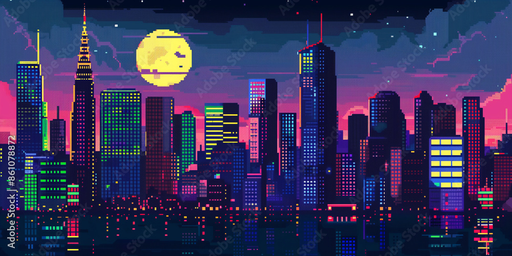 Pixel art retro wave. panorama of big city. wide banner. Space for text ...