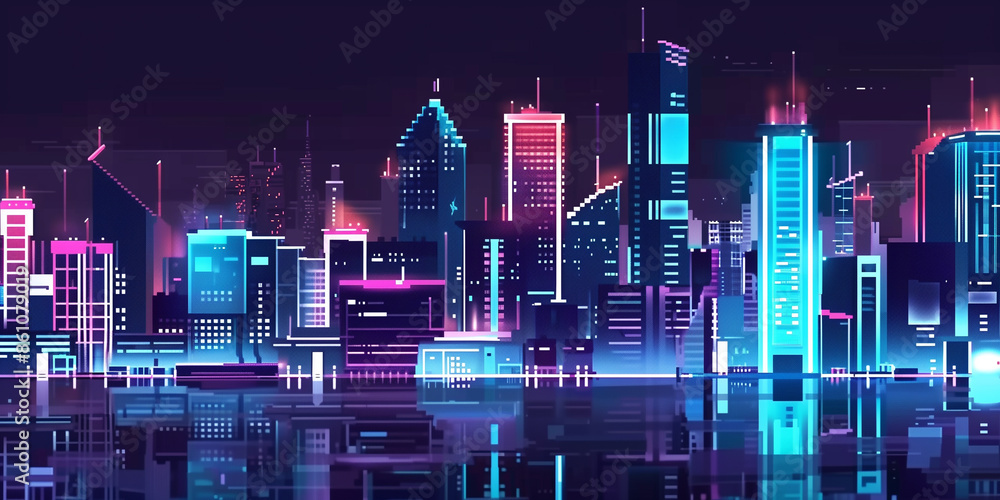 Pixel art retro wave. panorama of big city. wide banner. Space for text ...