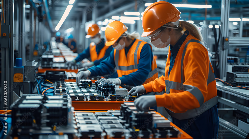 Workers in a battery production factory inspecting and assembling ...