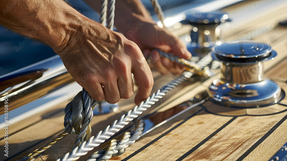 Detail of hands cleating off superyacht mooring lines on the foredeck ...