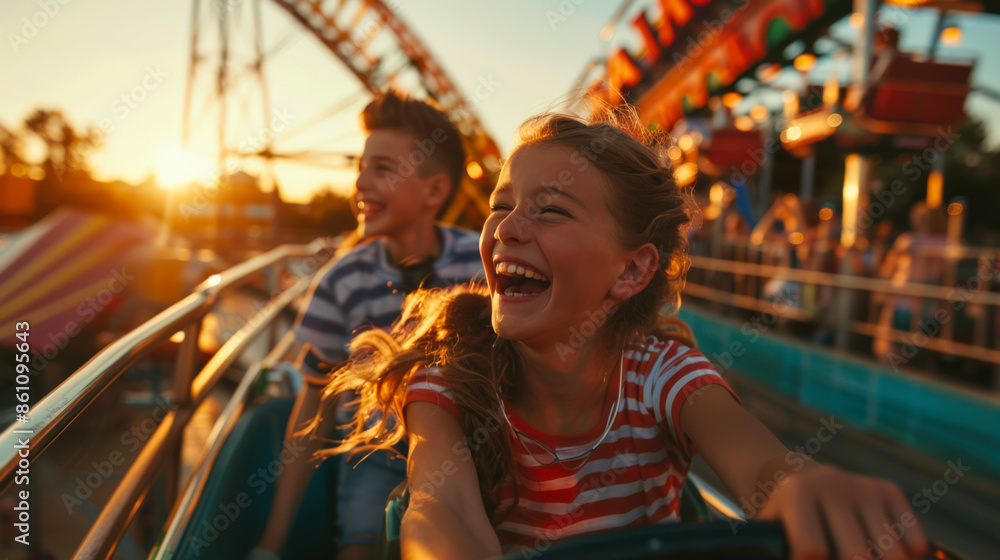 Two joyful laughing children ride a roller coaster at an amusement park ...