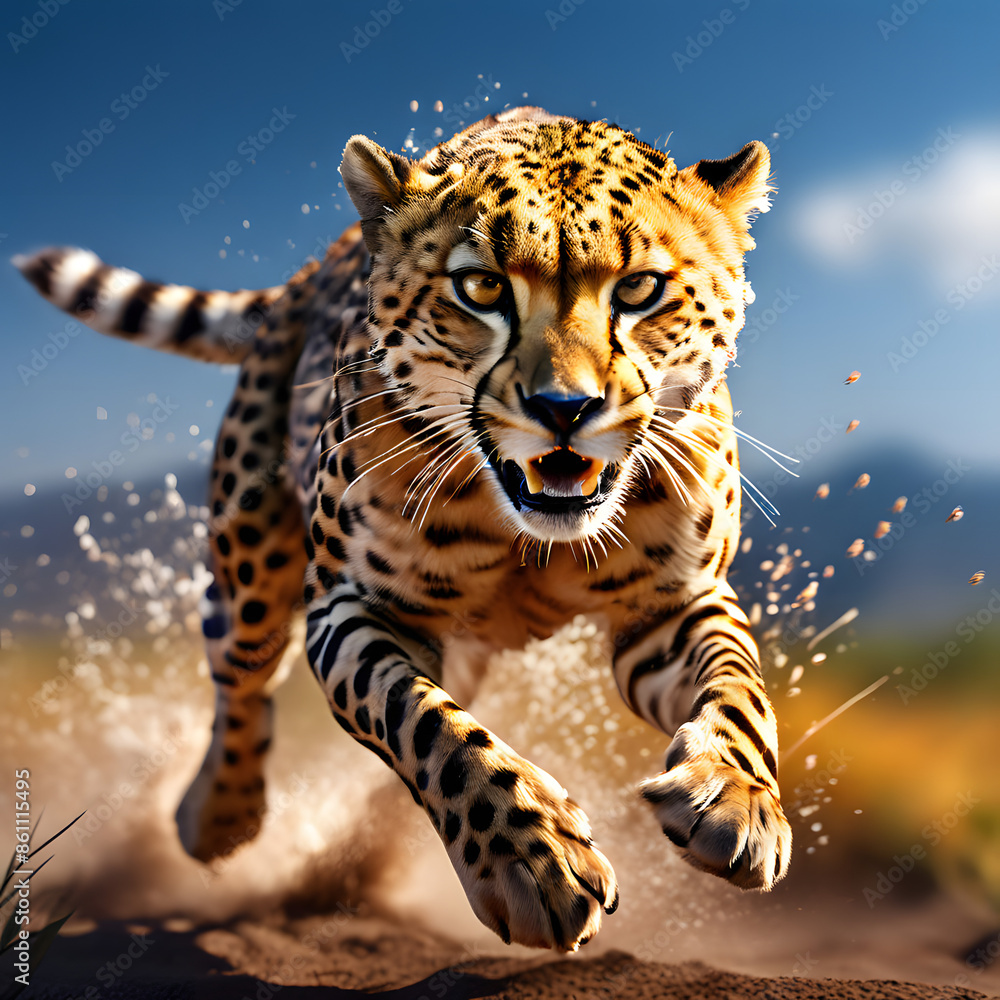 A swift cheetah sprinting across an open plain, captured in mid-stride ...