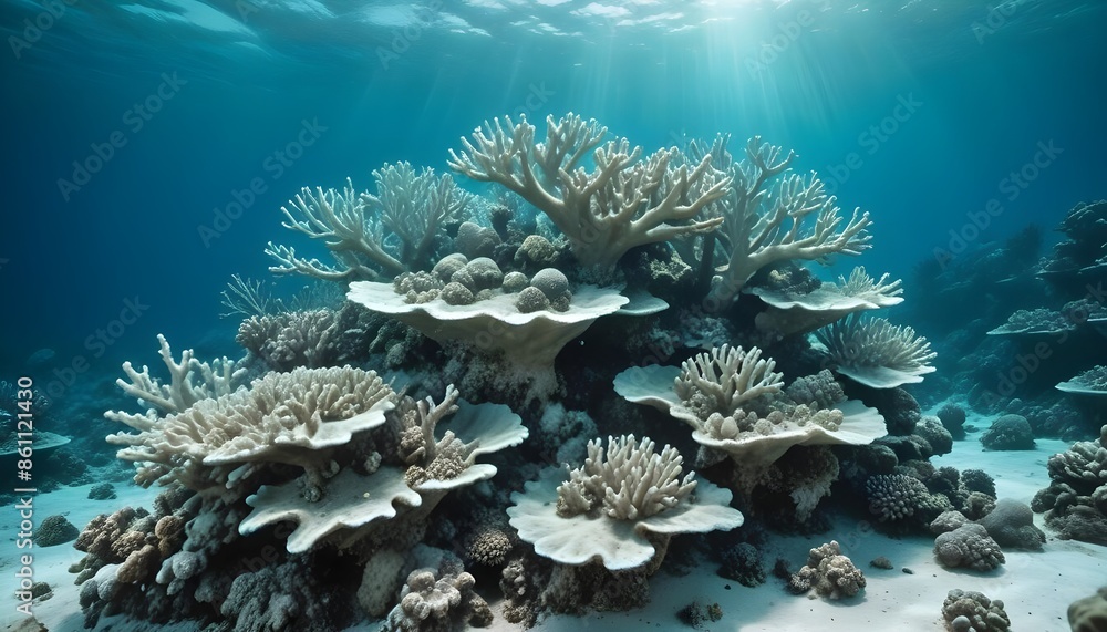 Underwater scene showcasing the bleaching and decay of coral reefs, a ...
