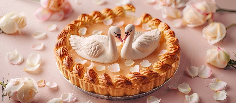 Wedding pie with figures of two swans. Isolate isolated on pastel ...