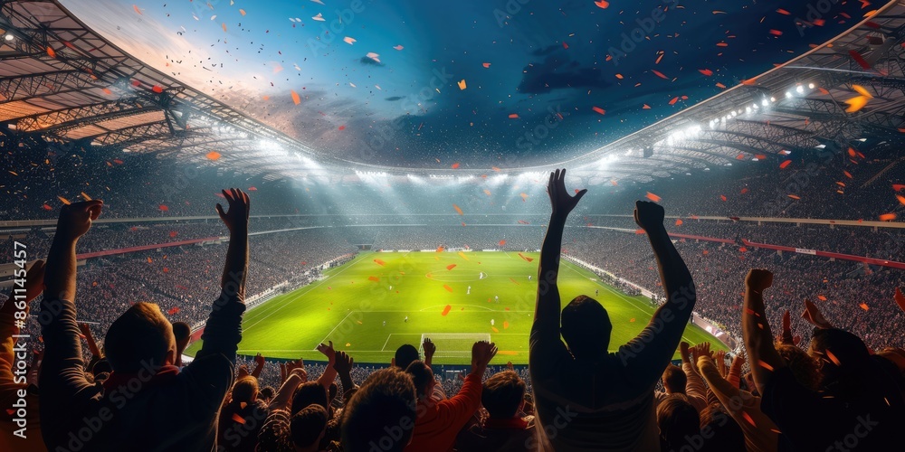 A joyous crowd of fans stands in a stadium, raising their arms in the ...