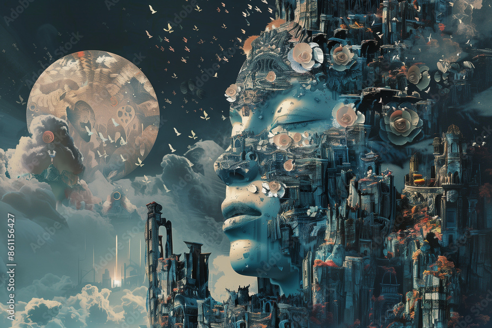Surreal digital artwork of a giant face made of buildings and ...