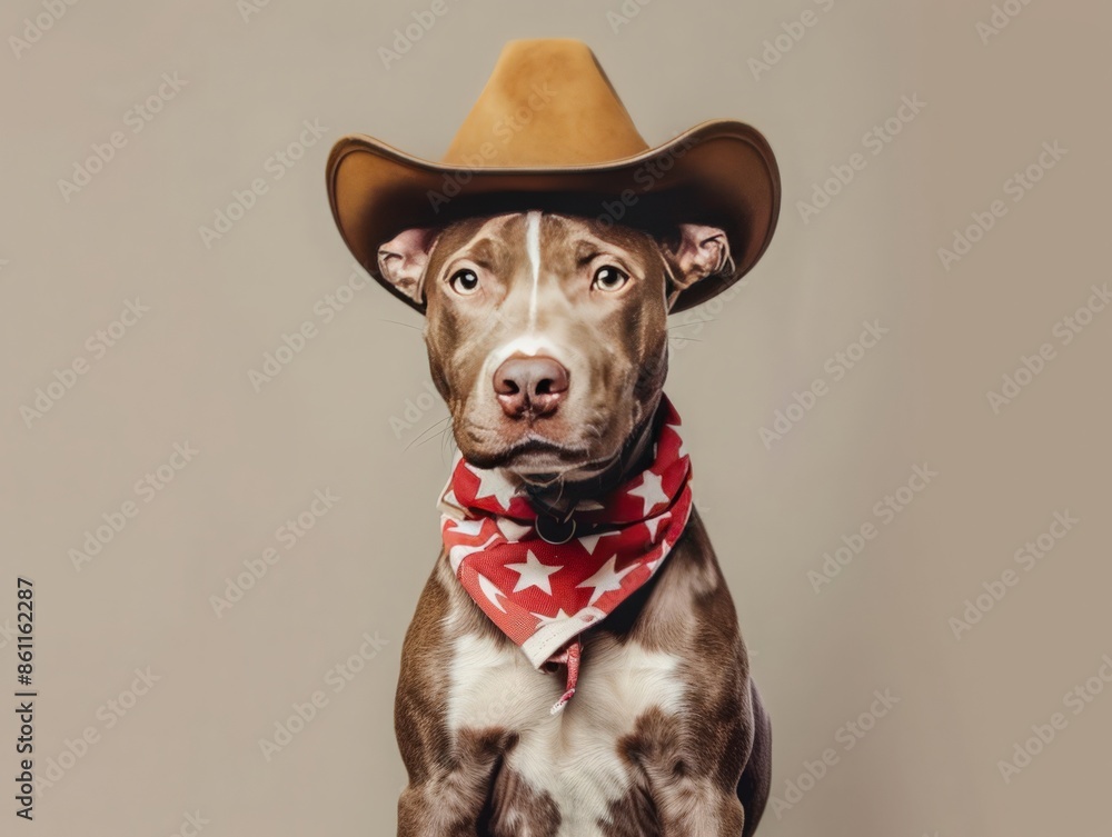 Dog with a tiny cowboy hat and bandana, sitting against a plain ...