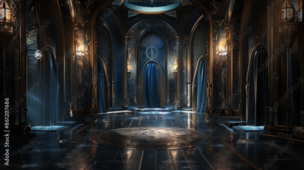 Elegant, dimly lit grand hall with gothic architecture, illuminated ...