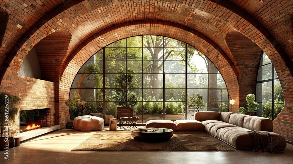 Loft style interior of a house with cozy fireplace. Big window with a ...