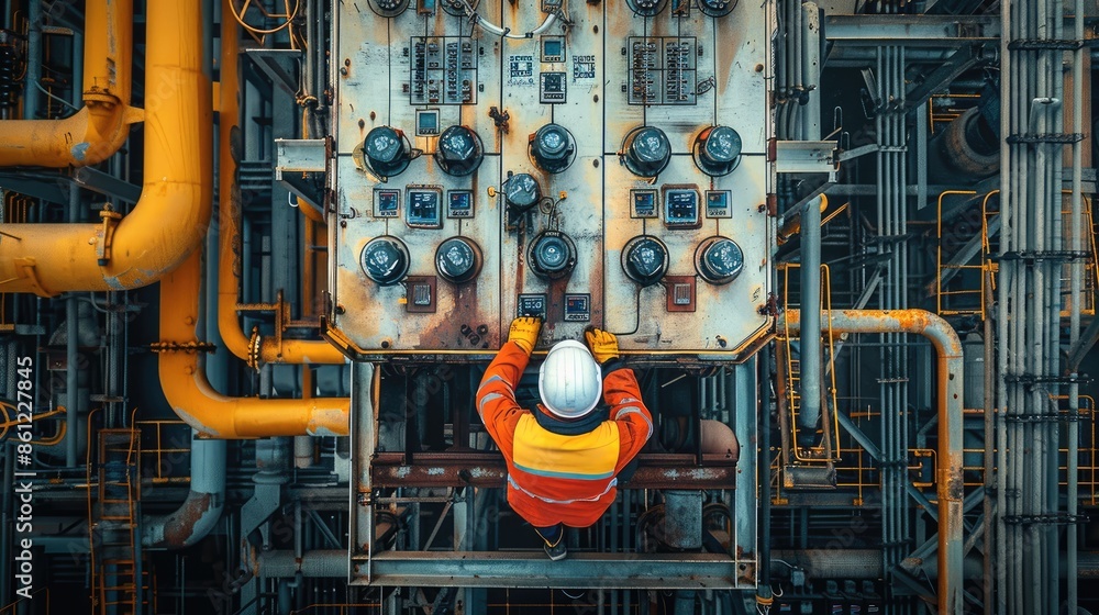Aerial view, An engineer man inspecting an electrical panel at a ...