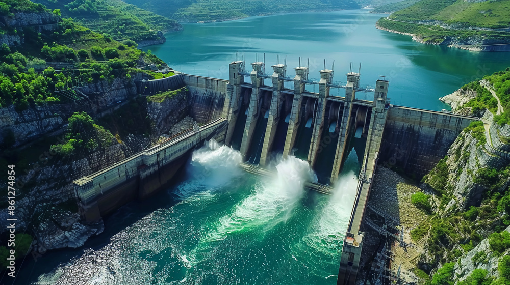 Massive dam with flowing water powering turbines, generating ...