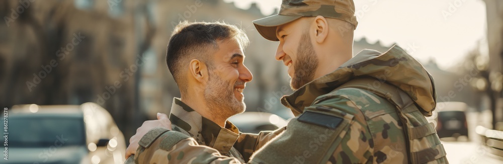 Two soldiers in uniform share a powerful emotional moment in an outdoor ...