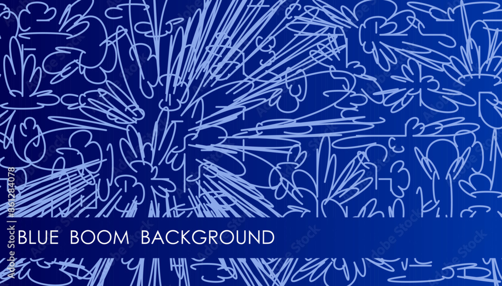 Horizontal blue explosion abstract background with hand drawn battle ...