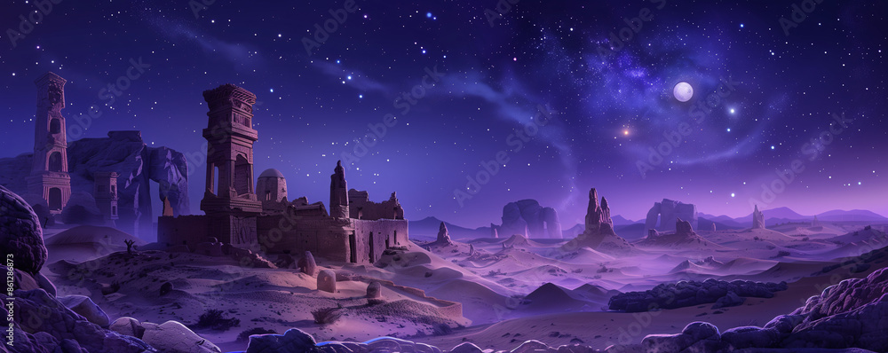 Desert landscape with ancient ruins under a starry night sky, full ...