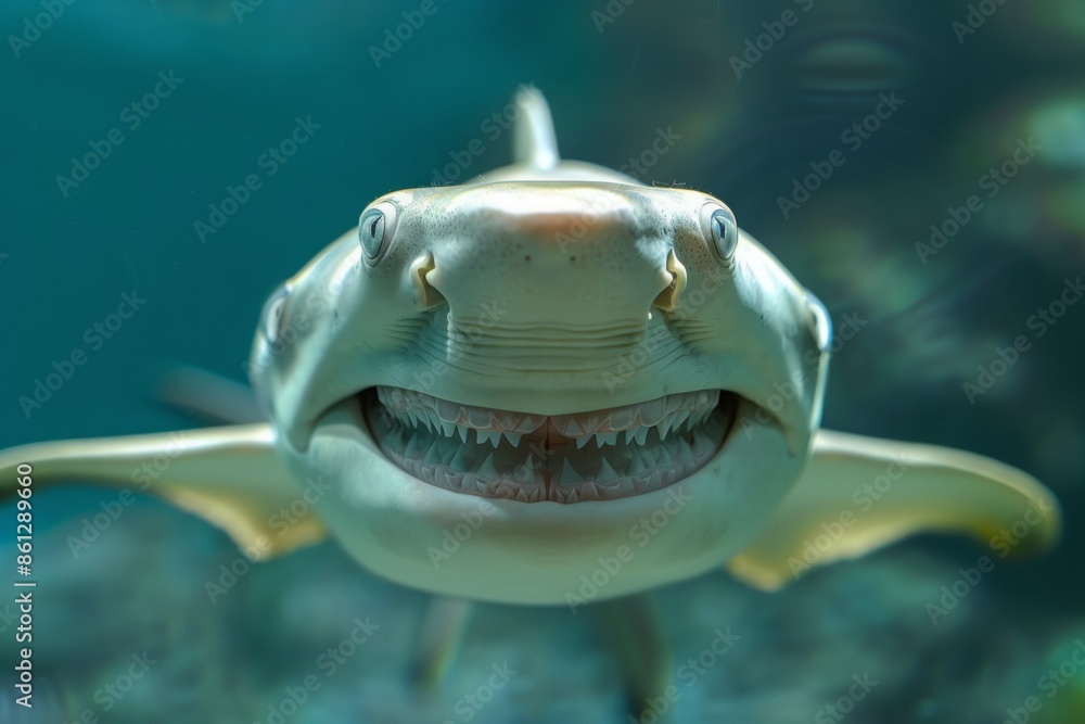 A wide smile from a hammerhead front view with eyes tail and teeth ...