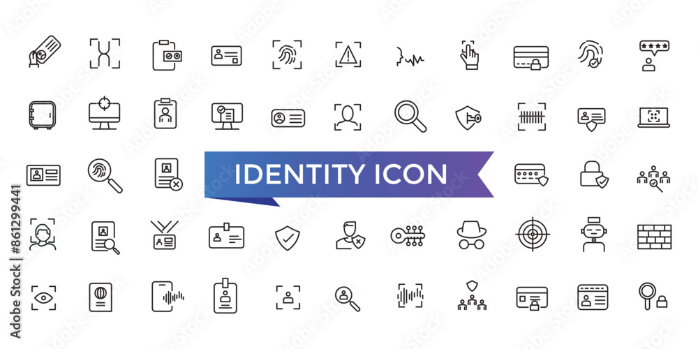 Identity icon collection. Related to ID card, biometric, fingerprint, identification, passport ...