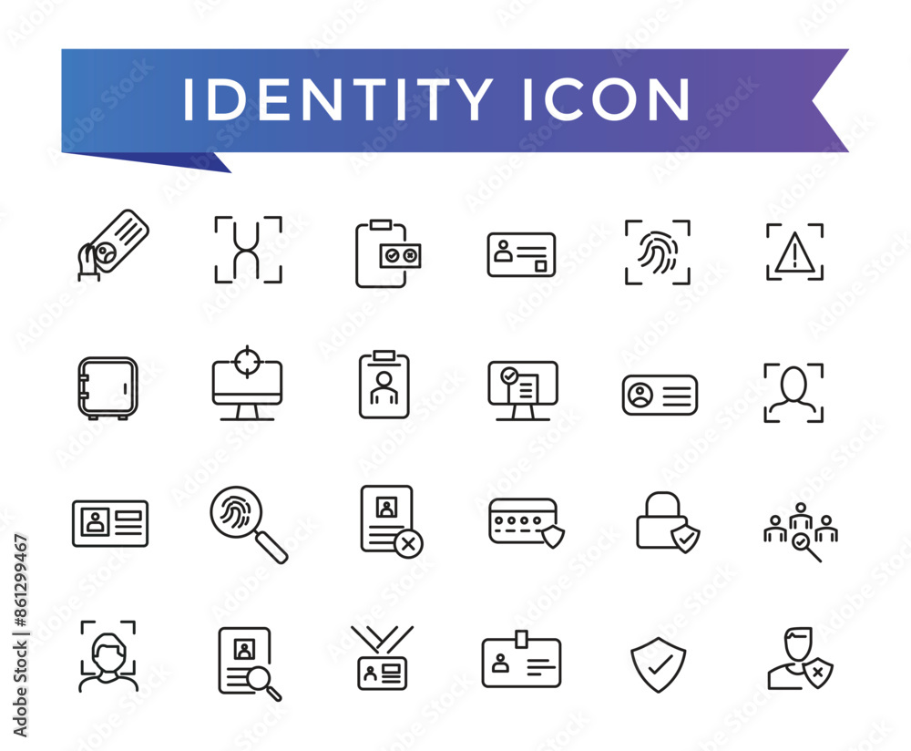 Vector de Stock Identity icon collection. Related to ID card, biometric, fingerprint ...