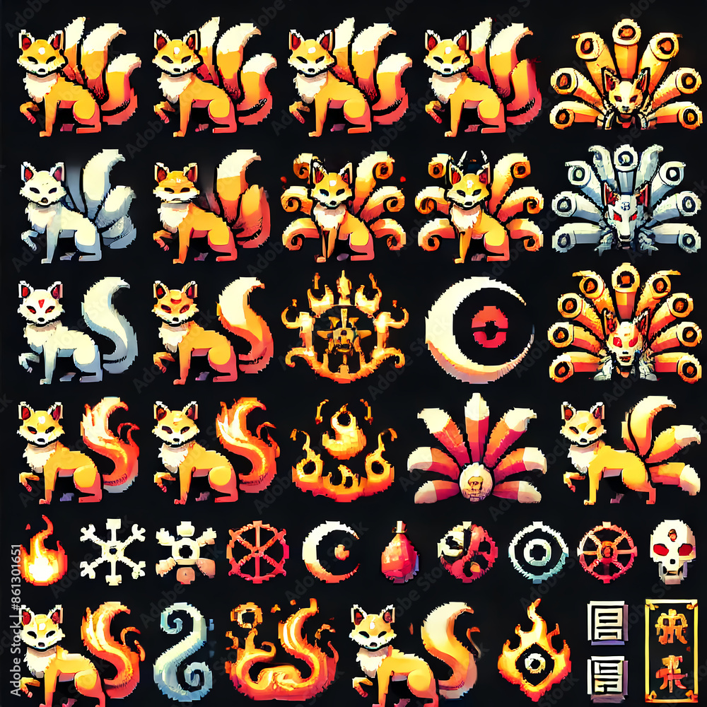 Ilustración de Stock A sprite sheet in pixel art style for a Japanese ...