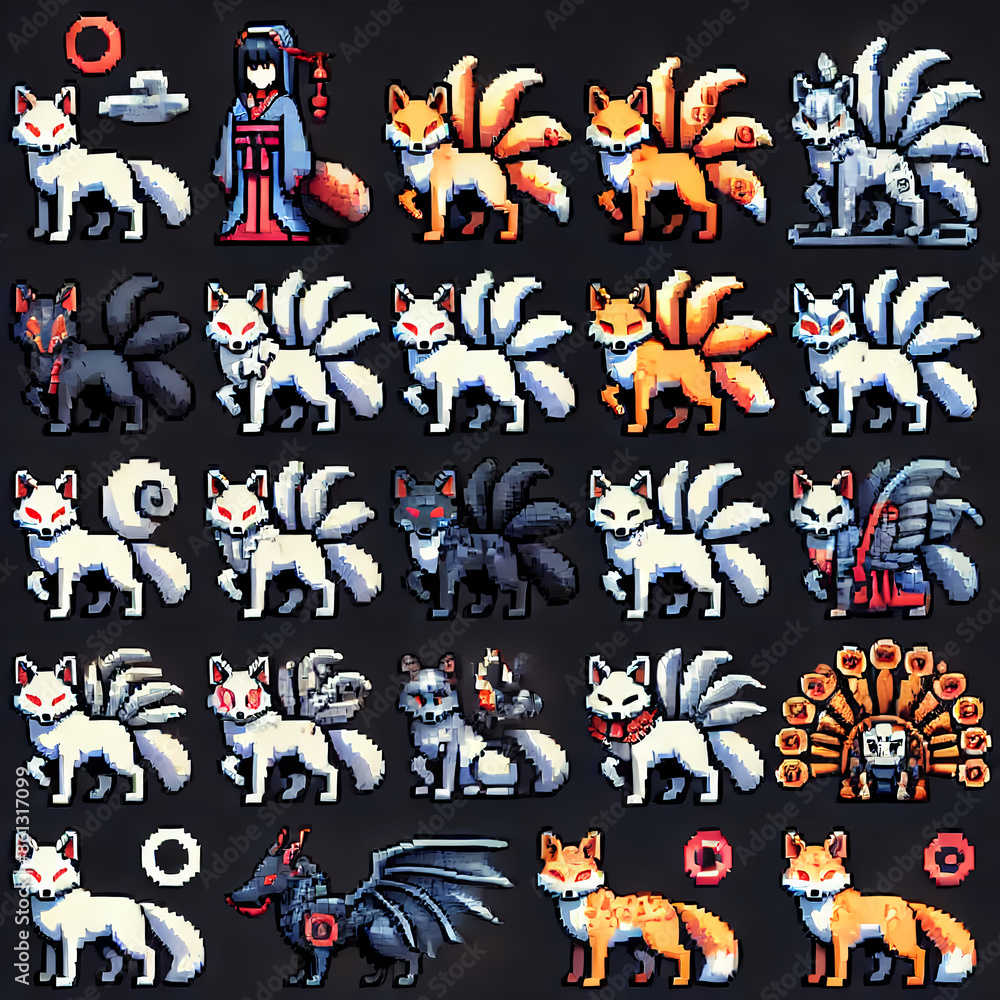 Pixel Art Sprite Sheet for Japanese RPG Fox Spirit Icons Stock ...