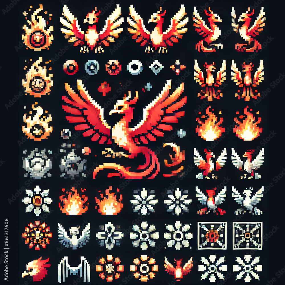 Pixel Art Sprite Sheet for Japanese RPG Phoenix Icons Stock ...