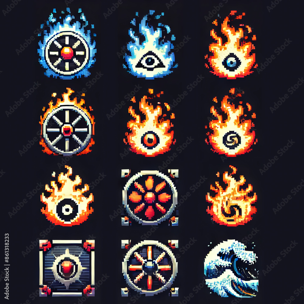 Pixel Art Sprite Sheet for Japanese RPG Flaming Wheel Icons Stock ...