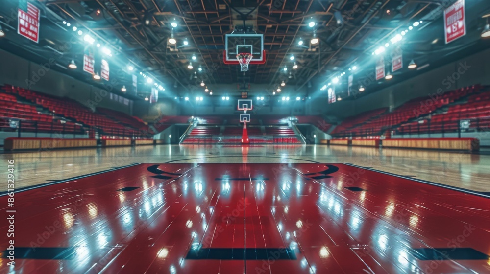 Hardwood basketball court with bright lights. Stock Photo | Adobe Stock