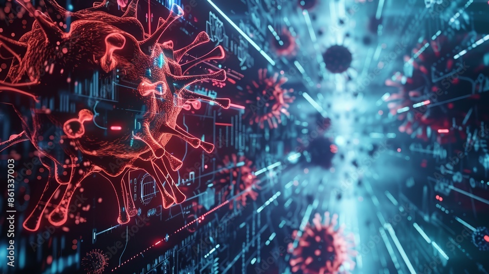 Abstract digital representation of a virus spreading through a data ...