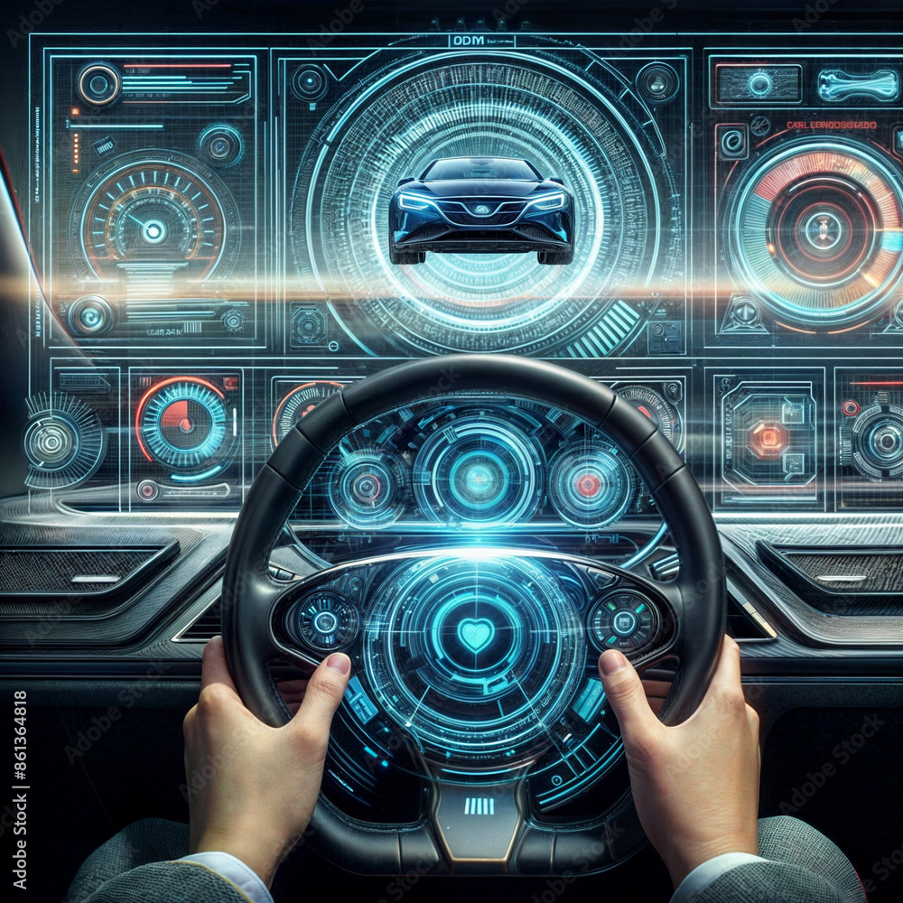 autonomous futuristic car dashboard concept with HUD and hologram ...