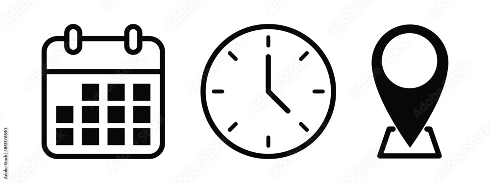 date, time, address location icon set. calendar, clock and map symbol for event, meeting ...