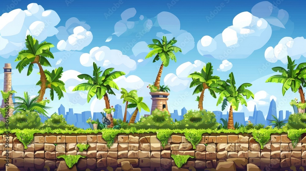 Tropical pixel art game background with lush palm trees, ancient ruins ...