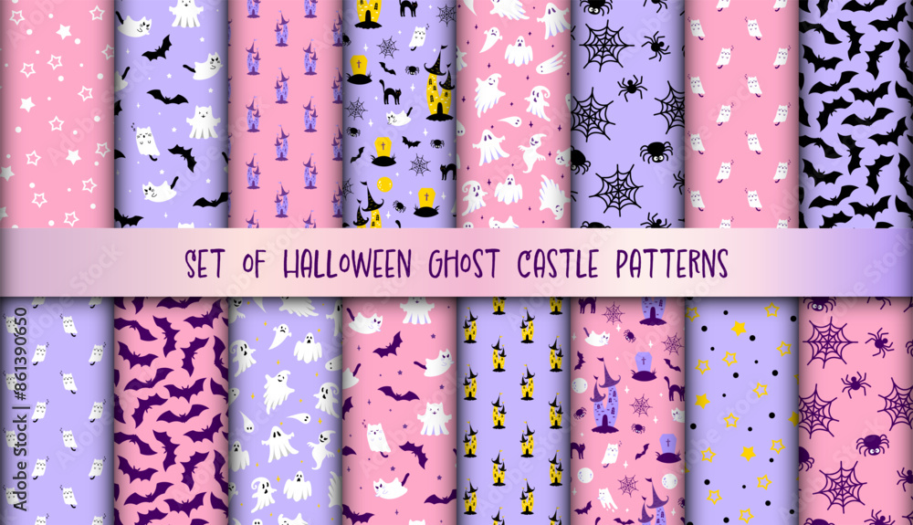 Vector set of Halloween seamless patterns set. Cute pink, purple and ...