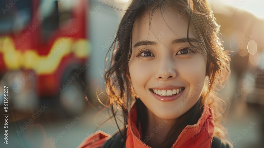 Beautiful korean woman smilling white teeth, 25 year old, firefighter ...