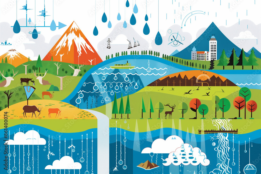 A diagram illustrating the water cycle and human impacts on freshwater ...