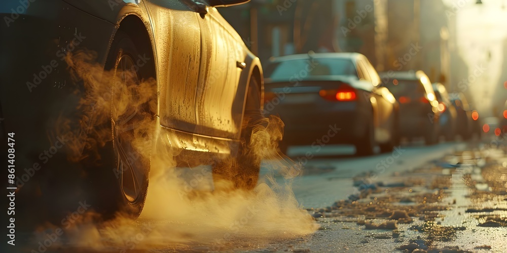 Car emitting exhaust fumes while stuck in traffic due to air pollution ...