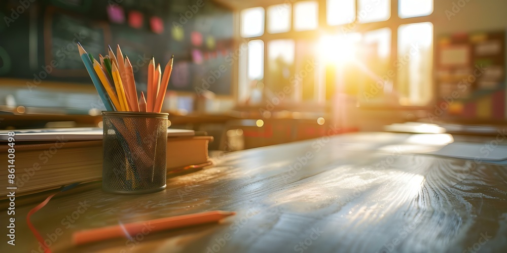 Teachers Day background with table of school supplies for classroom ...