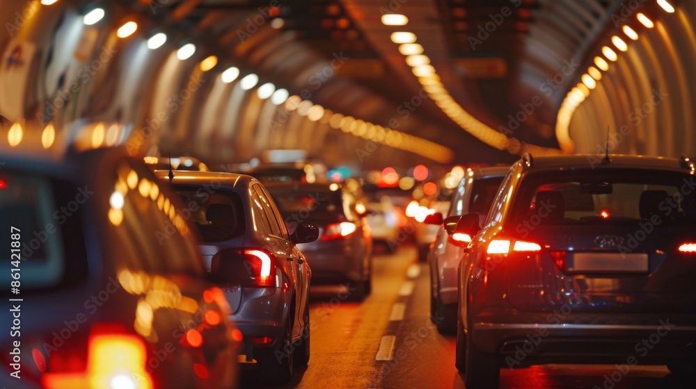 Traffic congestion in a tunnel with cars slowly moving towards the exit ...