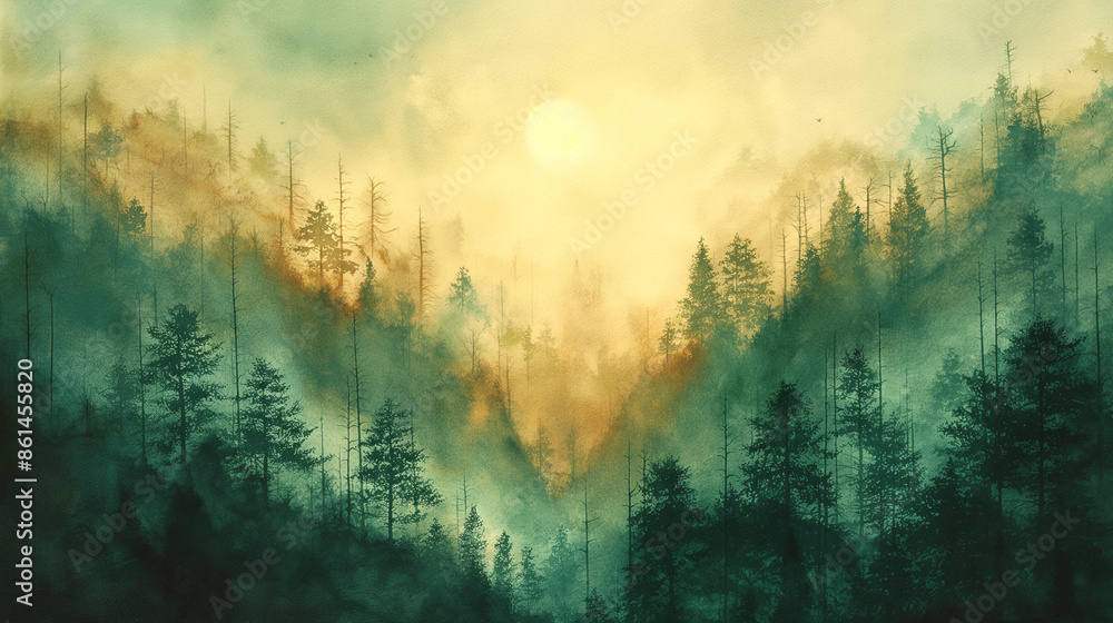 watercolor, forest landscape, misty mountains, pine trees, sun rays ...