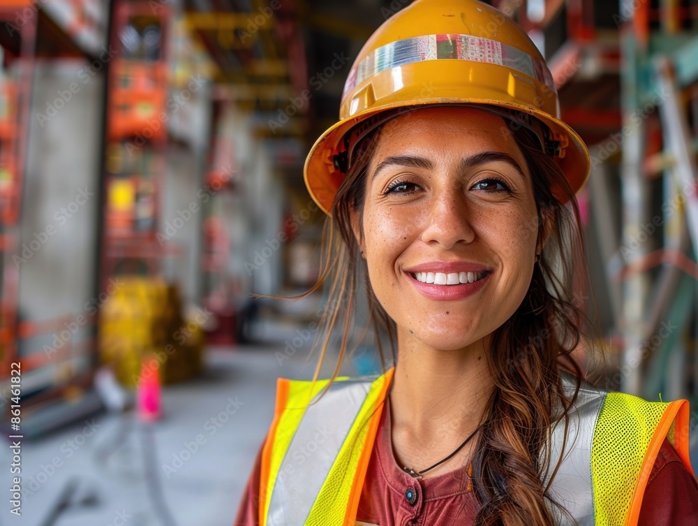 Image description: A young woman wearing a hard hat and safety vest smiles at the camera. She is ...