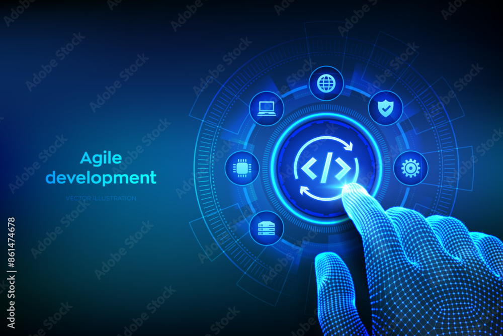 Devops. Agile development and optimisation concept on virtual screen. Software engineering ...