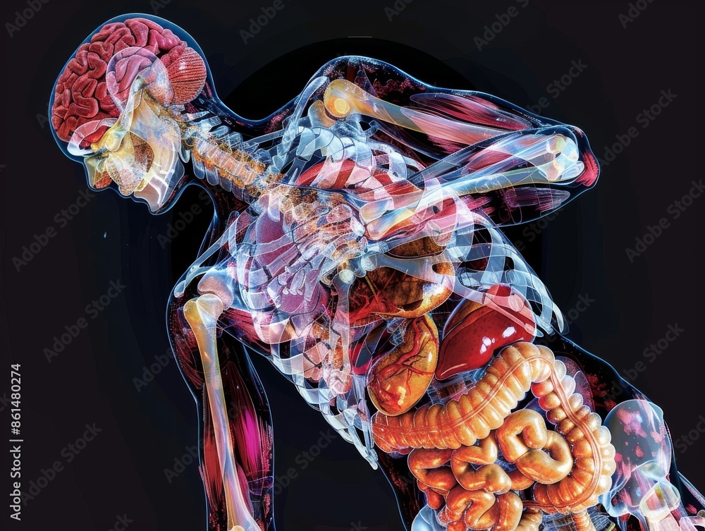 Digital artwork depicting a cross-section of the human body's organs ...