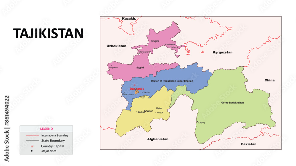 Tajikistan Map. State and union territories of Tajikistan with ...