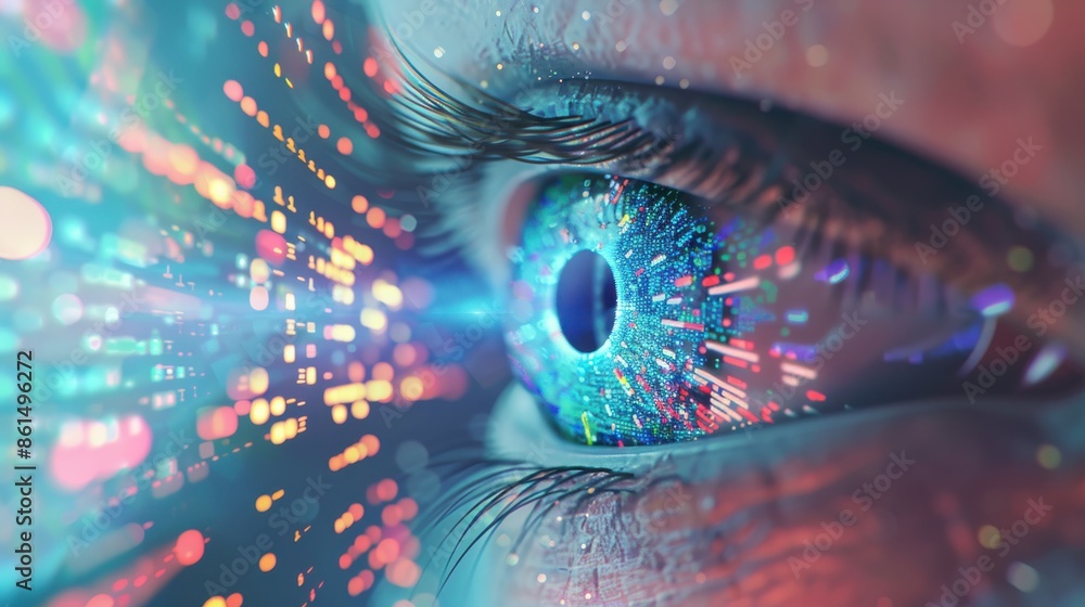 Eye icon, white digital analytics graph, access granted message, front ...