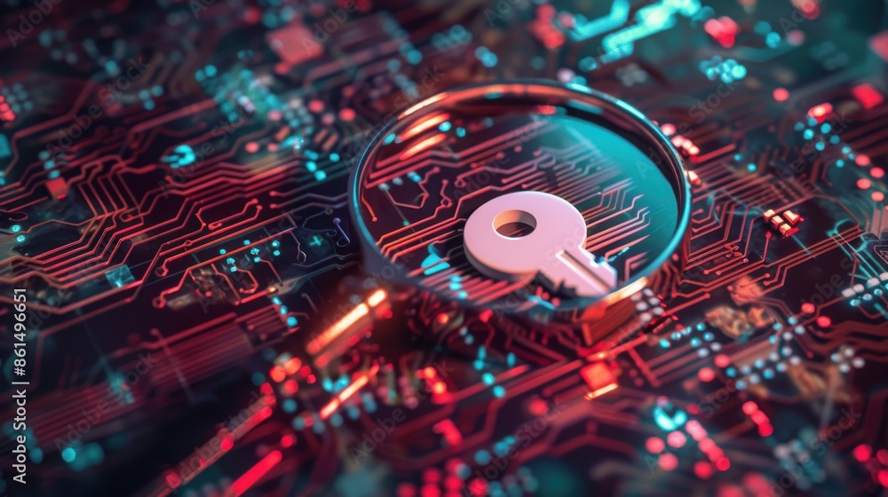 Magnifying glass, white key icon, circuit board background, front view ...