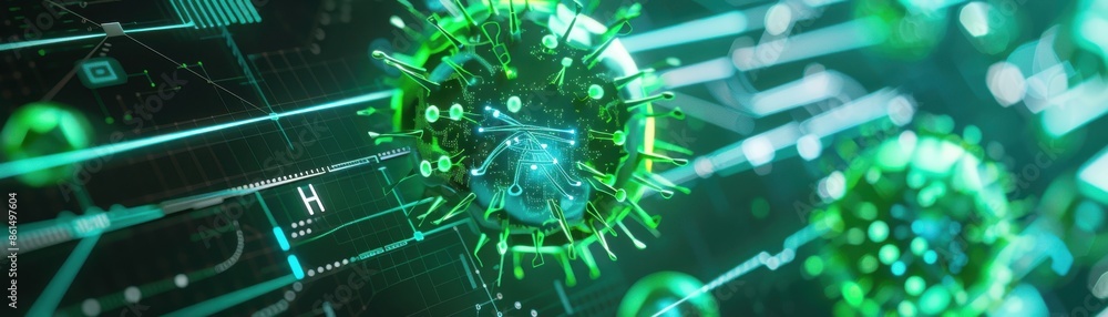 Virus icon, green password entry field, network diagram, top view ...