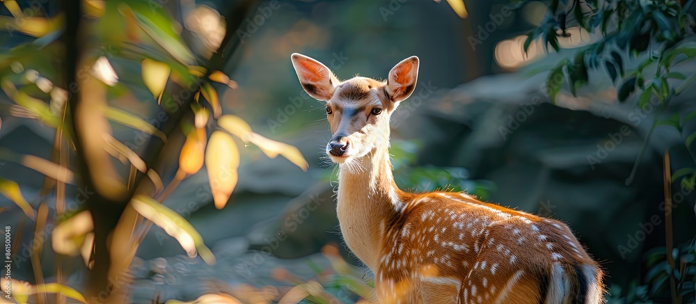 A curious deer in a zoo setting being observed in an image with copy ...